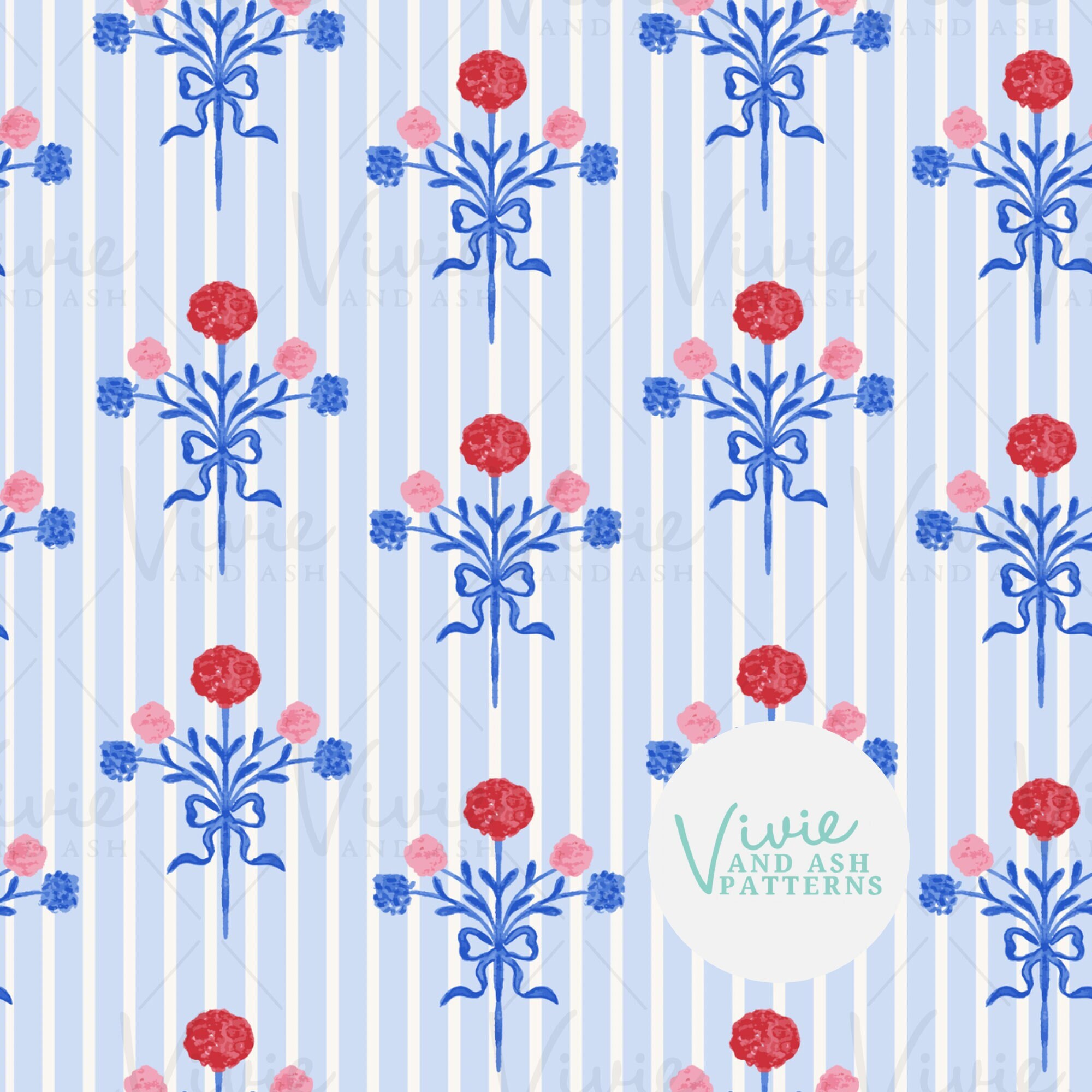 Red White and Blue Seamless Repeating Pattern, Bouquet Bow Floral and ...