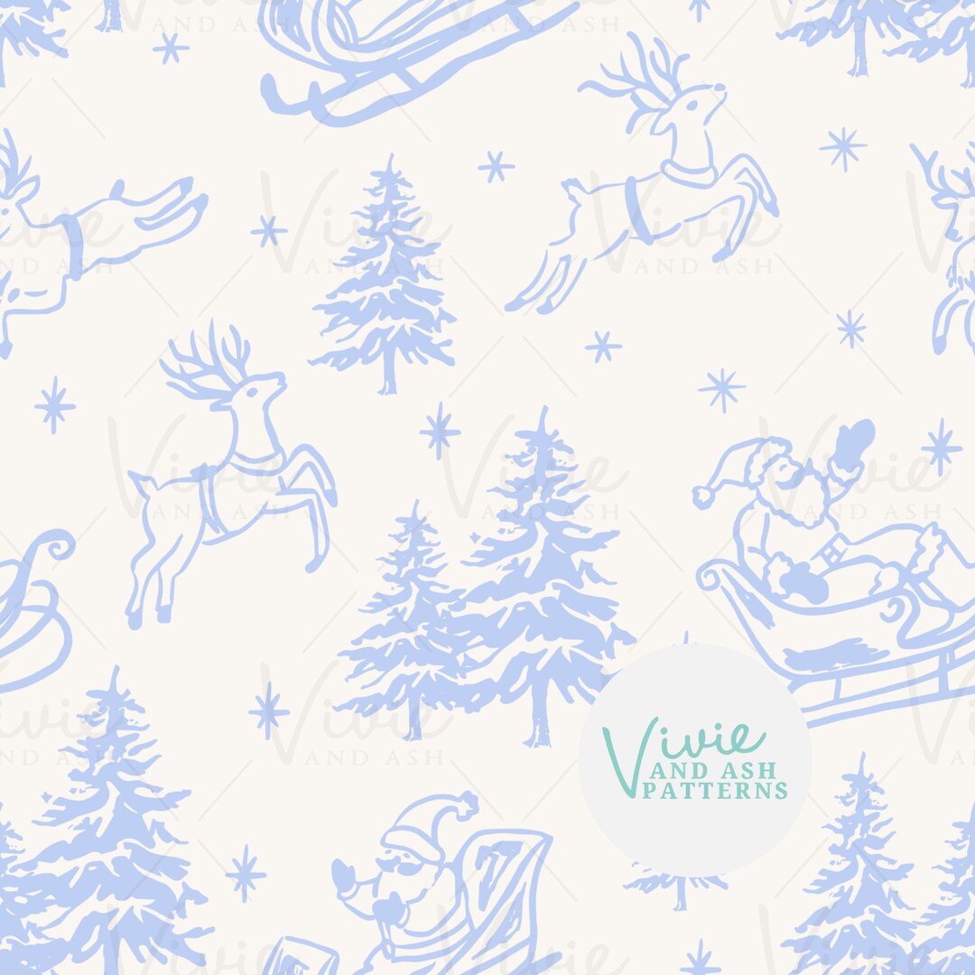 Blue and White Christmas Santa Seamless Pattern, Reindeer Seamless ...