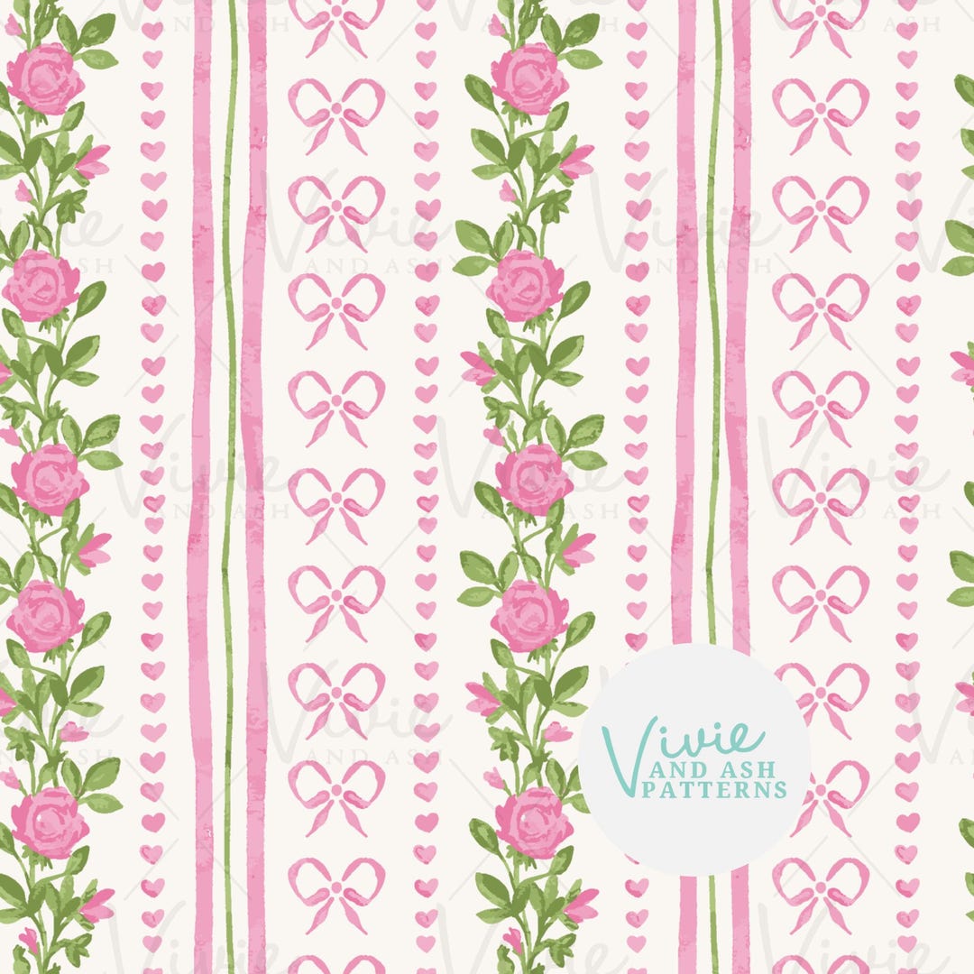 Pink Rosebud Bow Heart Stripe Floral Stripes Seamless Repeating Pattern ...