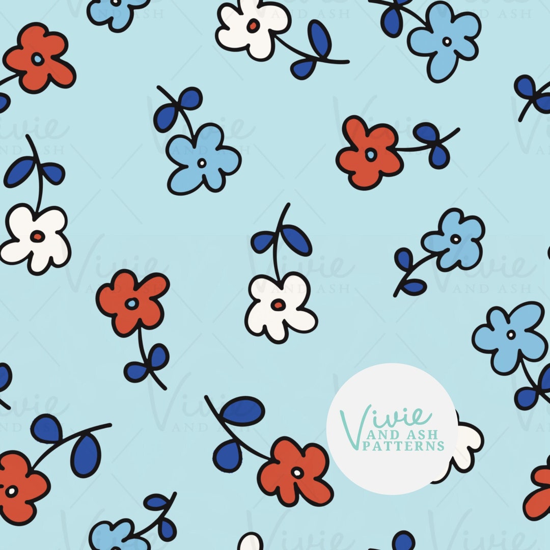 Red White and Blue Floral Seamless Repeating Pattern, 4th of July ...