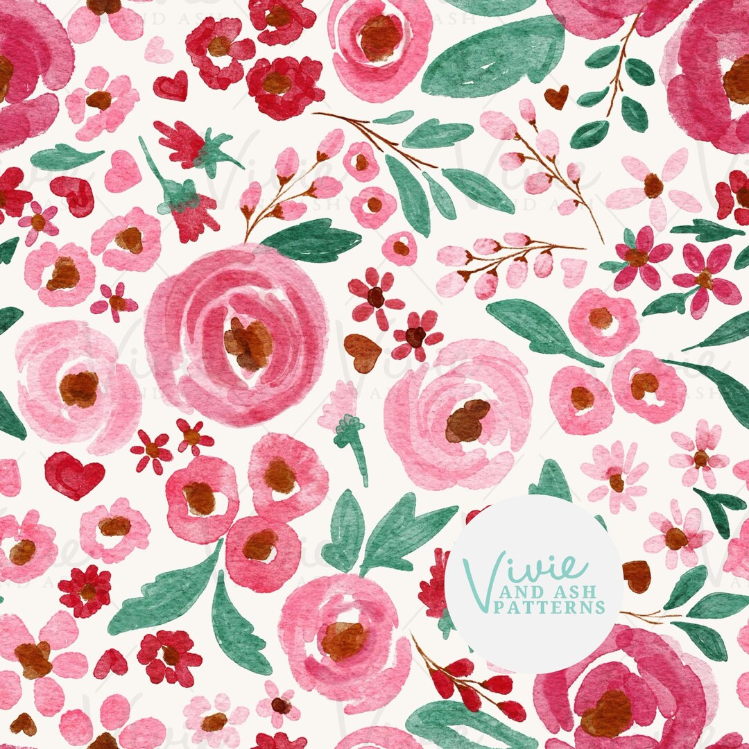 Valentine Pink and Red Watercolor Floral Seamless Repeating Pattern ...