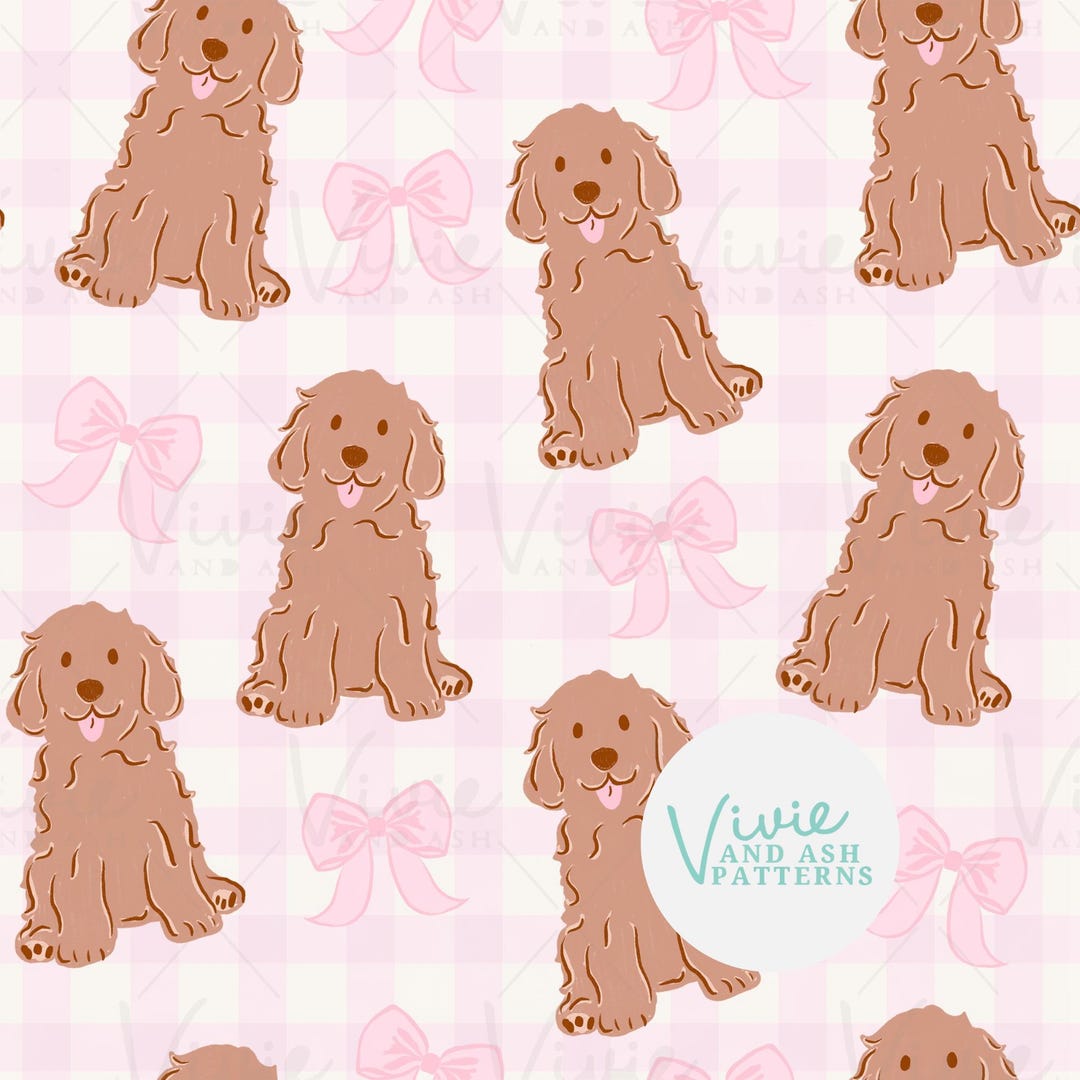 Goldendoodle Puppy and Pink Bows Gingham Seamless Repeating Pattern ...