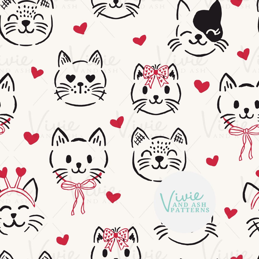 Black and White Valentine Kitties Seamless Repeating Pattern, Pattern ...