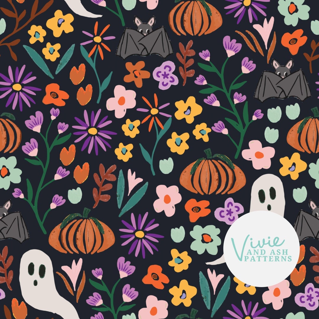 Halloween Garden Floral, Halloween Floral With Pumpkins Bats and Ghosts ...