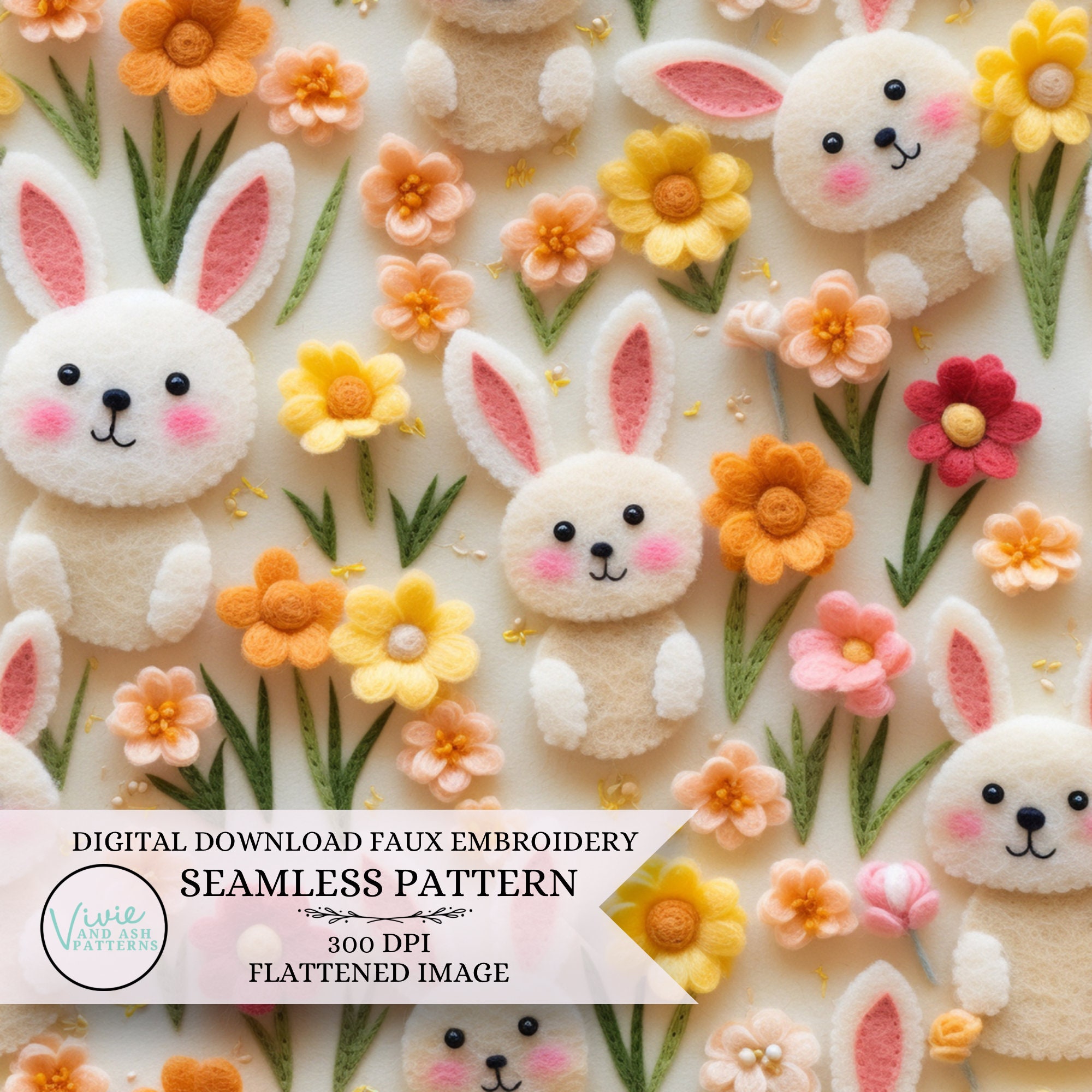 Bunny Floral Faux Embroidery Seamless File, Easter Floral Seamless ...