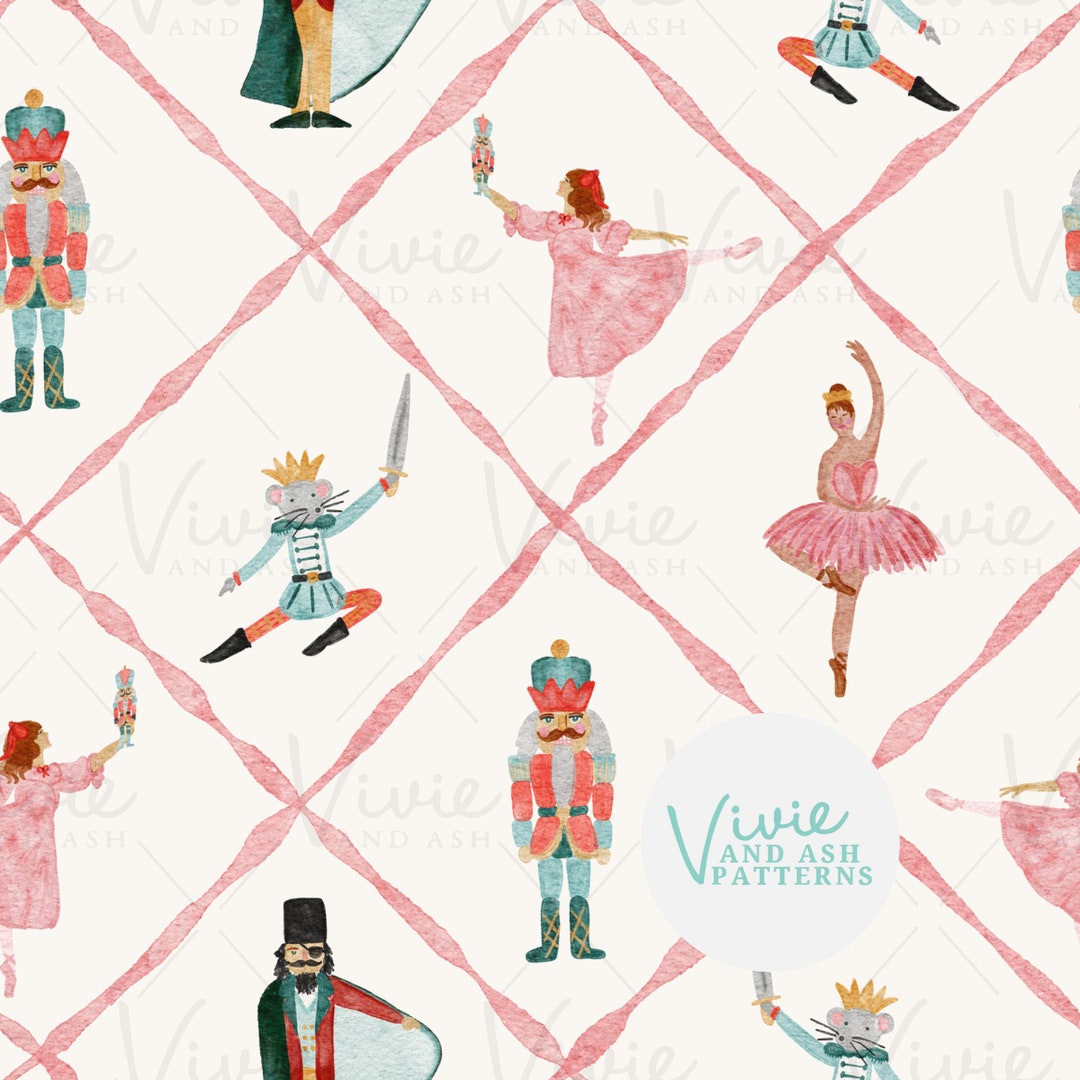 Nutcracker Trellis Watercolor Christmas Seamless Pattern, Christmas Ballet Seamless Repeat for ...