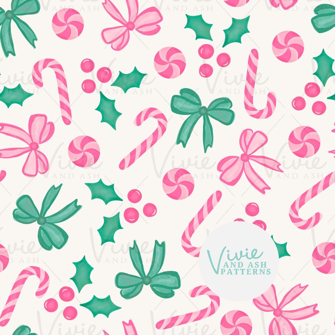 Pink and Mint Christmas Seamless Pattern, Candy Canes and Bows ...