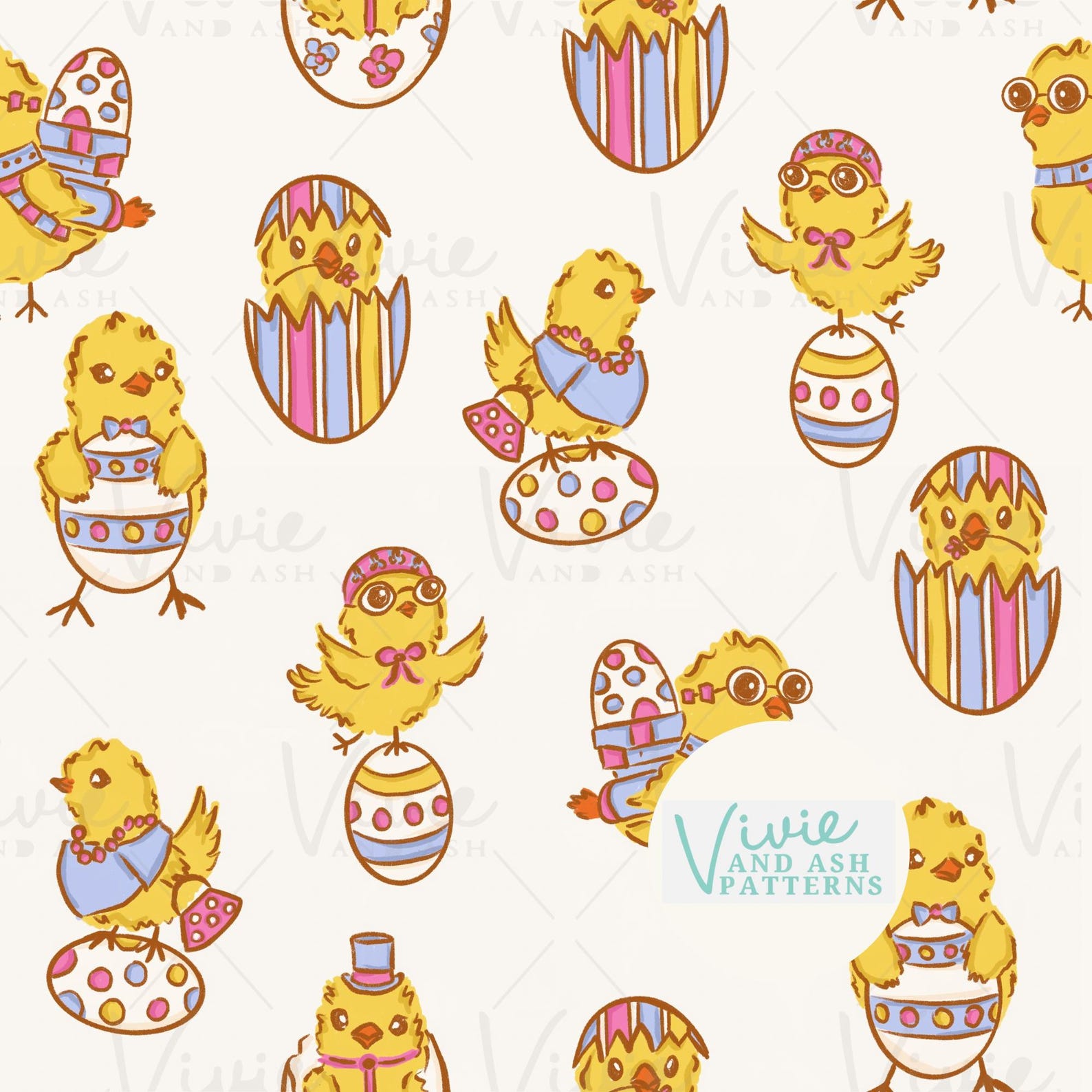 Spring Easter Eggs and Baby Chickens, Easter Spring Floral Seamless ...