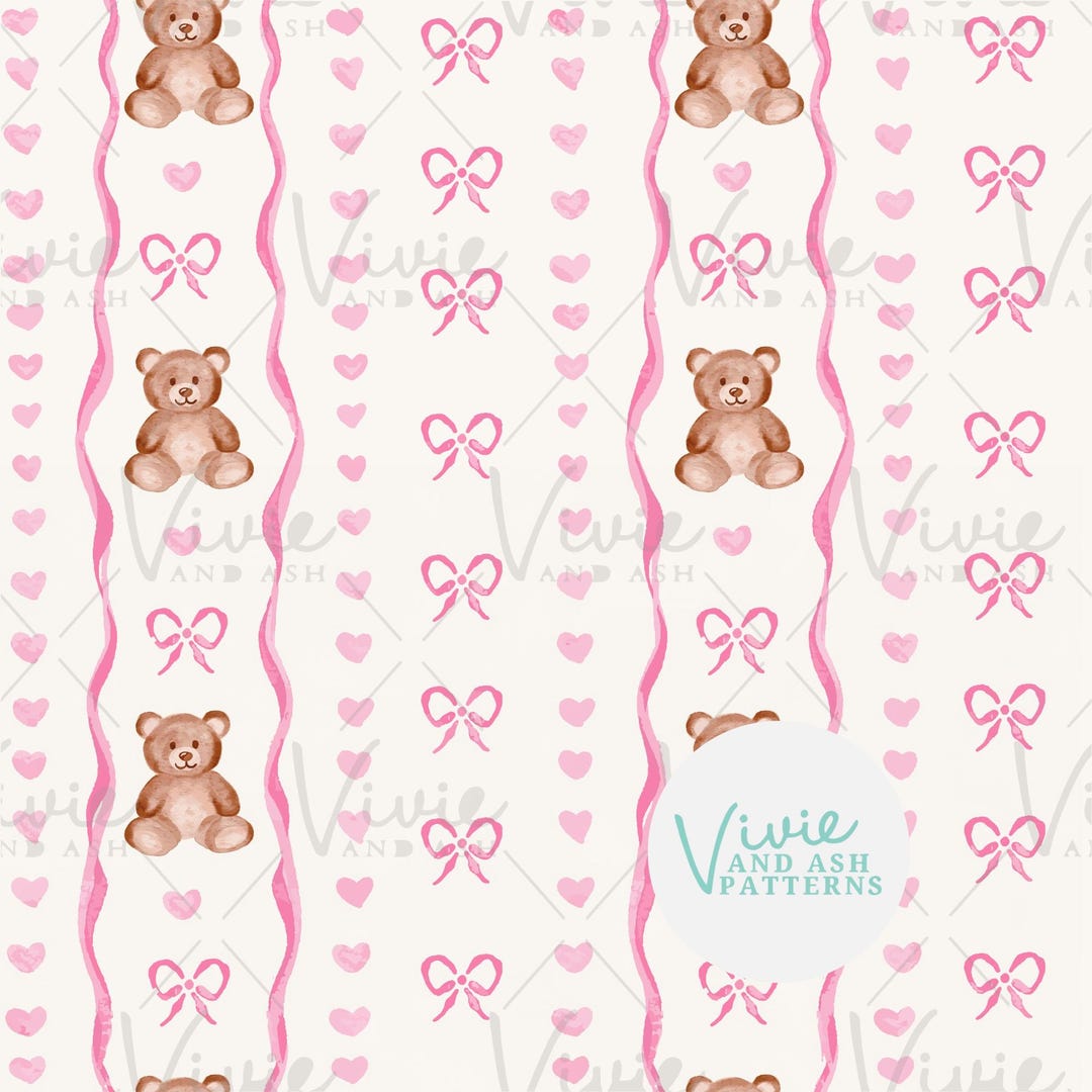 Teddy Bears and Pink Bows Vertical Stripe Seamless Repeating Pattern ...