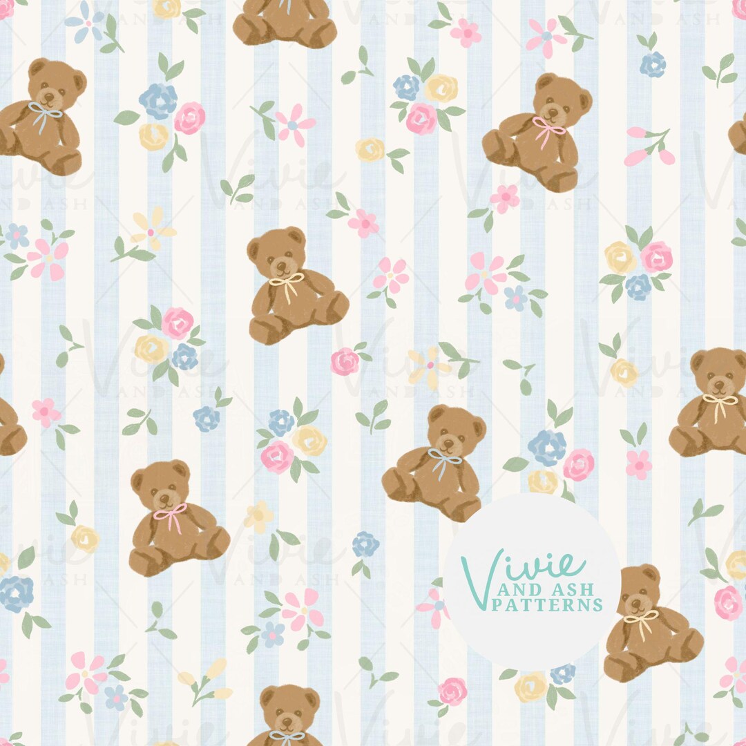 Teddy Bears and Flowers Vertical Stripe Seamless Repeating Pattern ...