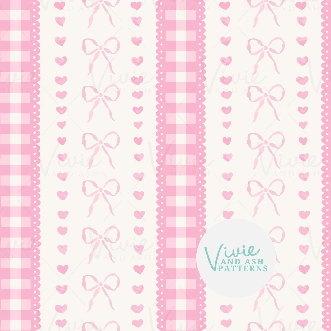 Pink Gingham Heart Bow Vertical Stripe Seamless Repeating Pattern ...