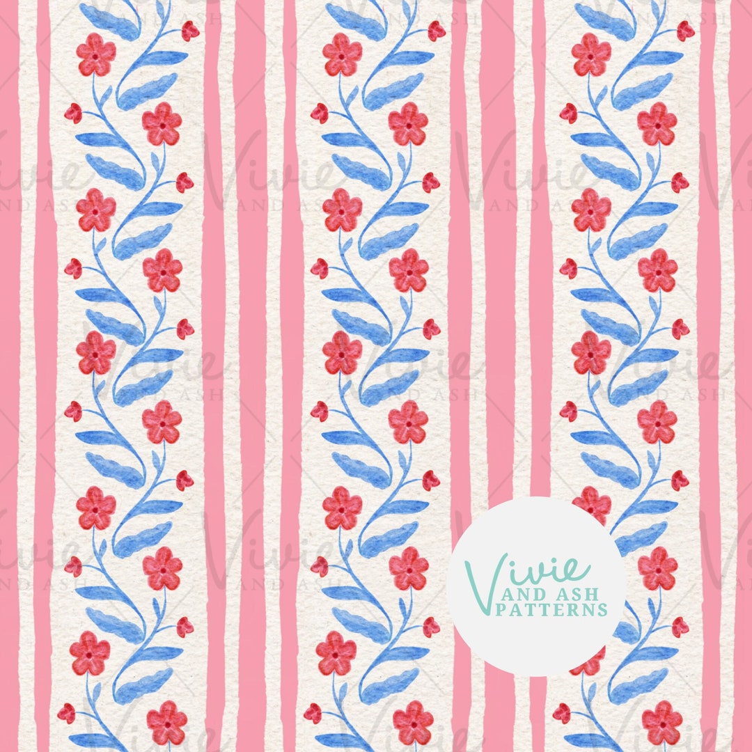 Red White and Blue Stripe Floral Seamless Repeating Pattern, USA ...