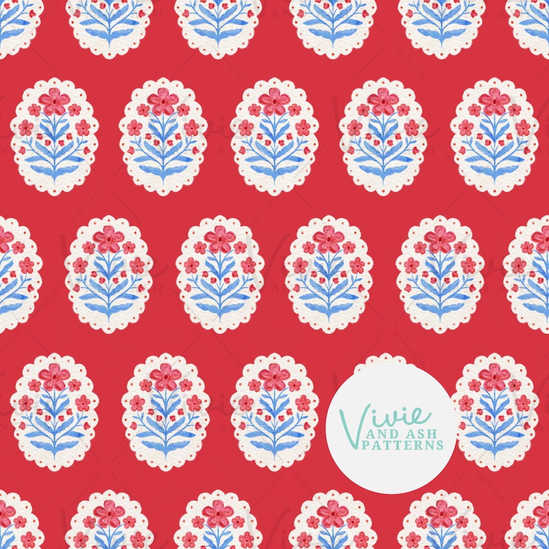 Red White and Blue Cameo Floral Seamless Repeating Pattern, USA Pattern ...