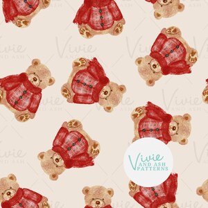 Red Christmas Teddy Bears in Sweaters Seamless Pattern, Cute Kids ...