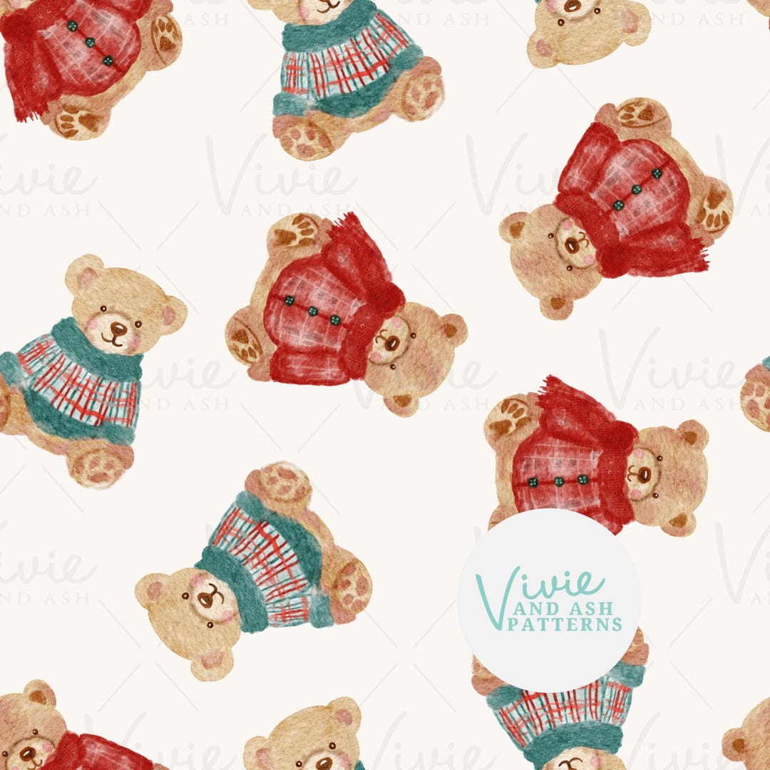 Red and Green Christmas Teddy Bears in Sweaters Seamless Pattern, Cute ...