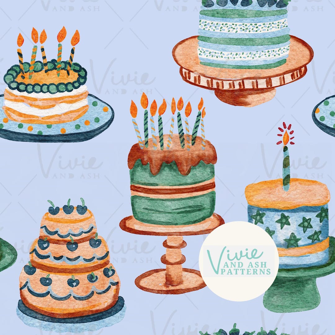 Blue Watercolor Birthday Cakes Seamless Pattern File, Birthday Seamless ...