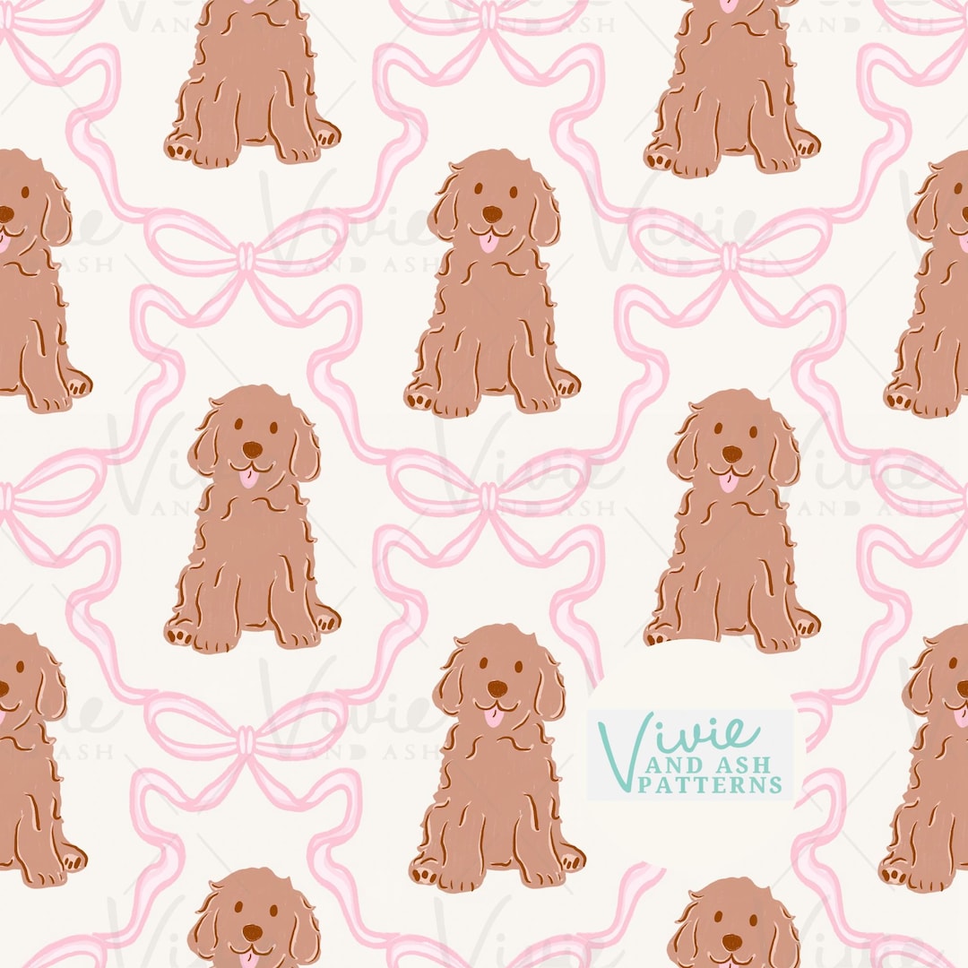 Goldendoodle Puppy Pink Bow Seamless Pattern by Vivieandash, Commercial ...