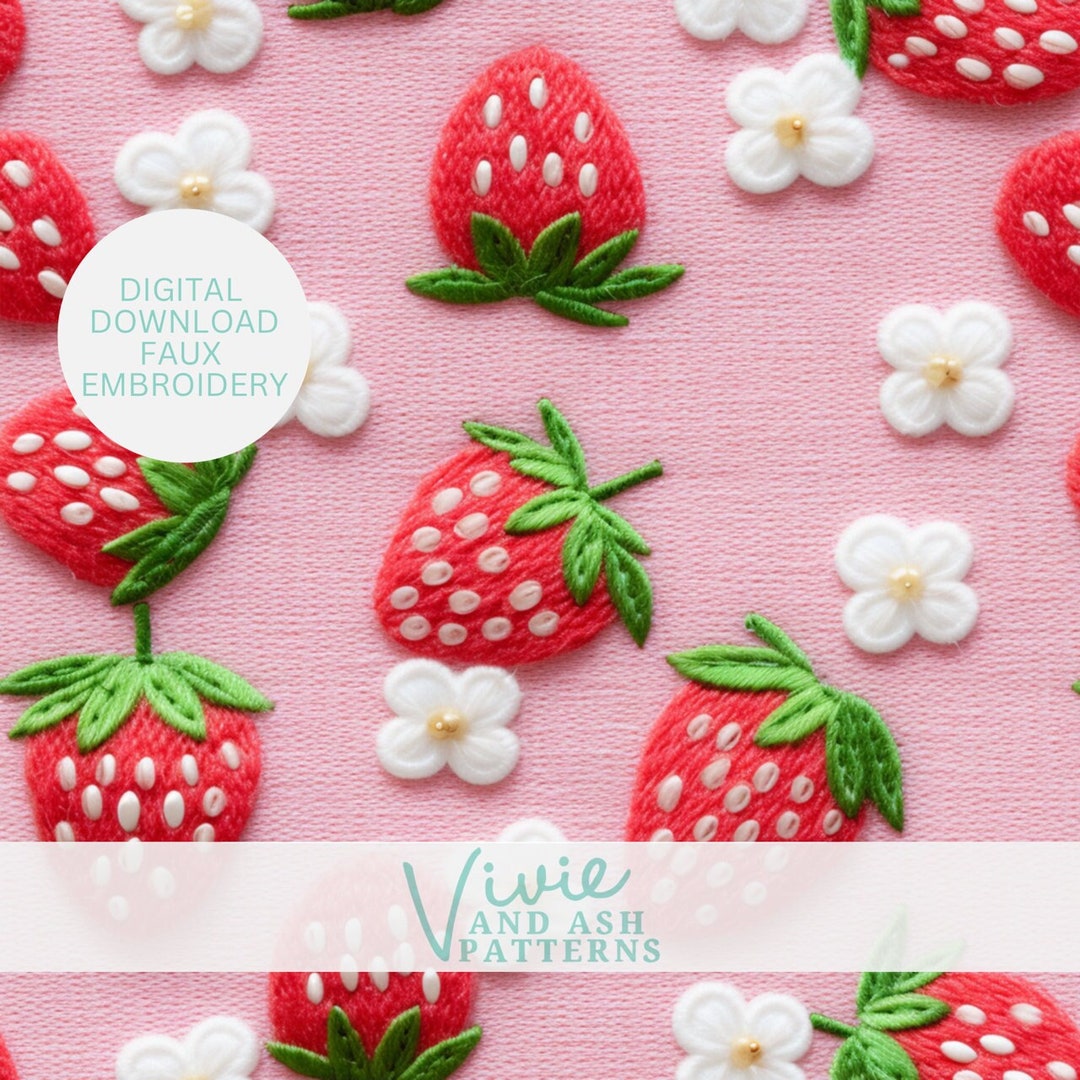 Pink and White Strawberry Embroidery Seamless File, Summer Seamless ...