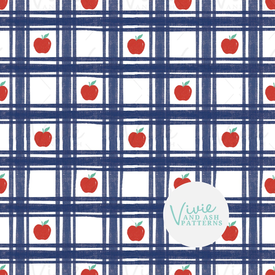 Red Apples Navy Gingham Seamless Pattern, Back to School Repeating ...