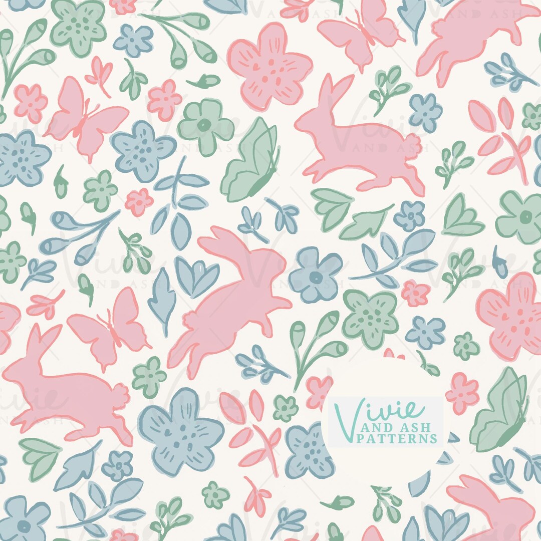 Pink and Blue Easter Bunny Floral Seamless Pattern by Vivieandash (JPEG ...