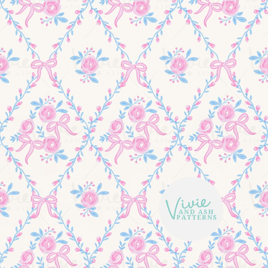 Pink and Blue Ditsy Floral and Trellis Bows, Pink Watercolor Floral ...