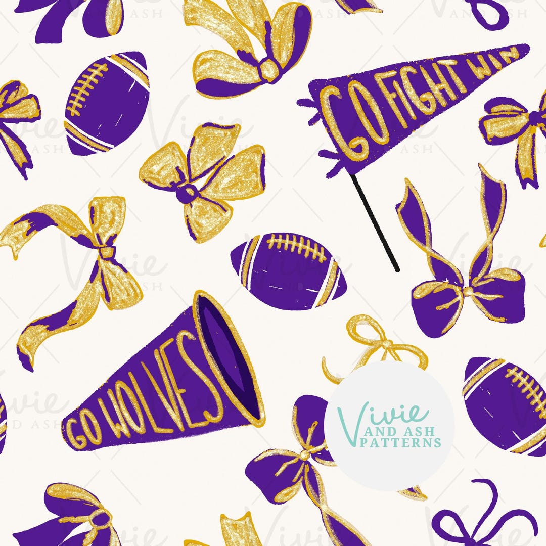 Purple and Gold Football Seamless Repeating Pattern, Bows and Football ...