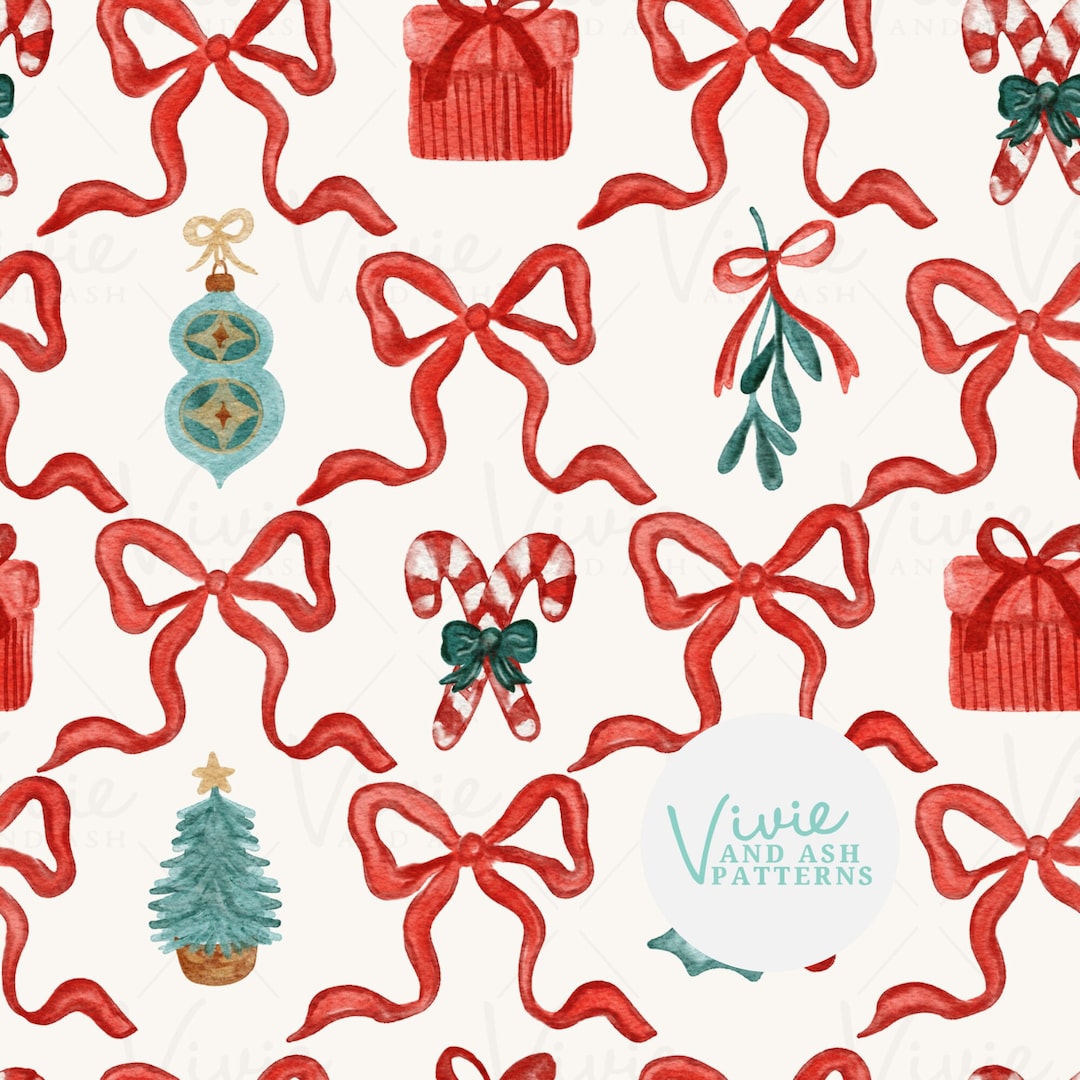 Red and Green Christmas Scroll Bows Seamless Pattern, Presents ...