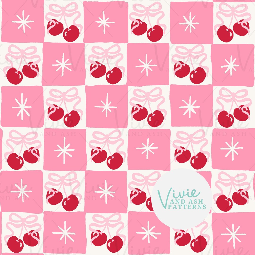 Pink and Red Cherry Checker Seamless Repeating Pattern, Valentine Bow ...