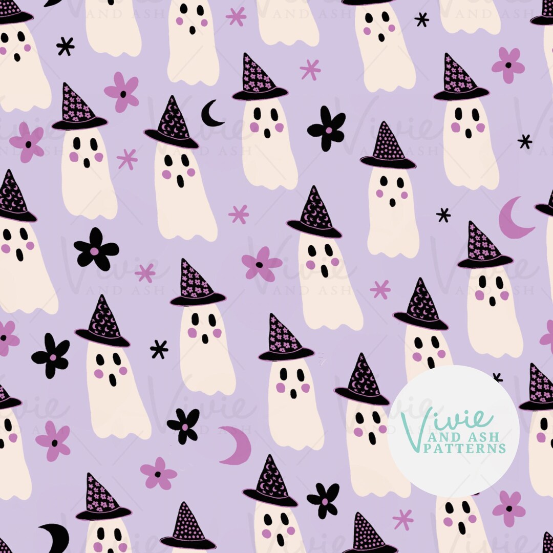 Halloween Ghost Seamless Pattern, Cute Purple Ghost, Stars and Moons Seamless Fall Repeat ...