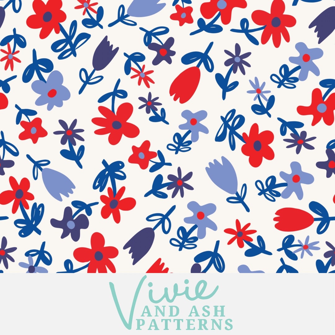 Red White and Blue Floral, 4th of July, Seamless Repeat Pattern ...
