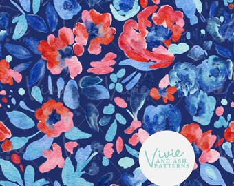 Red White and Blue Watercolor Floral Seamless Repeating Pattern, USA ...
