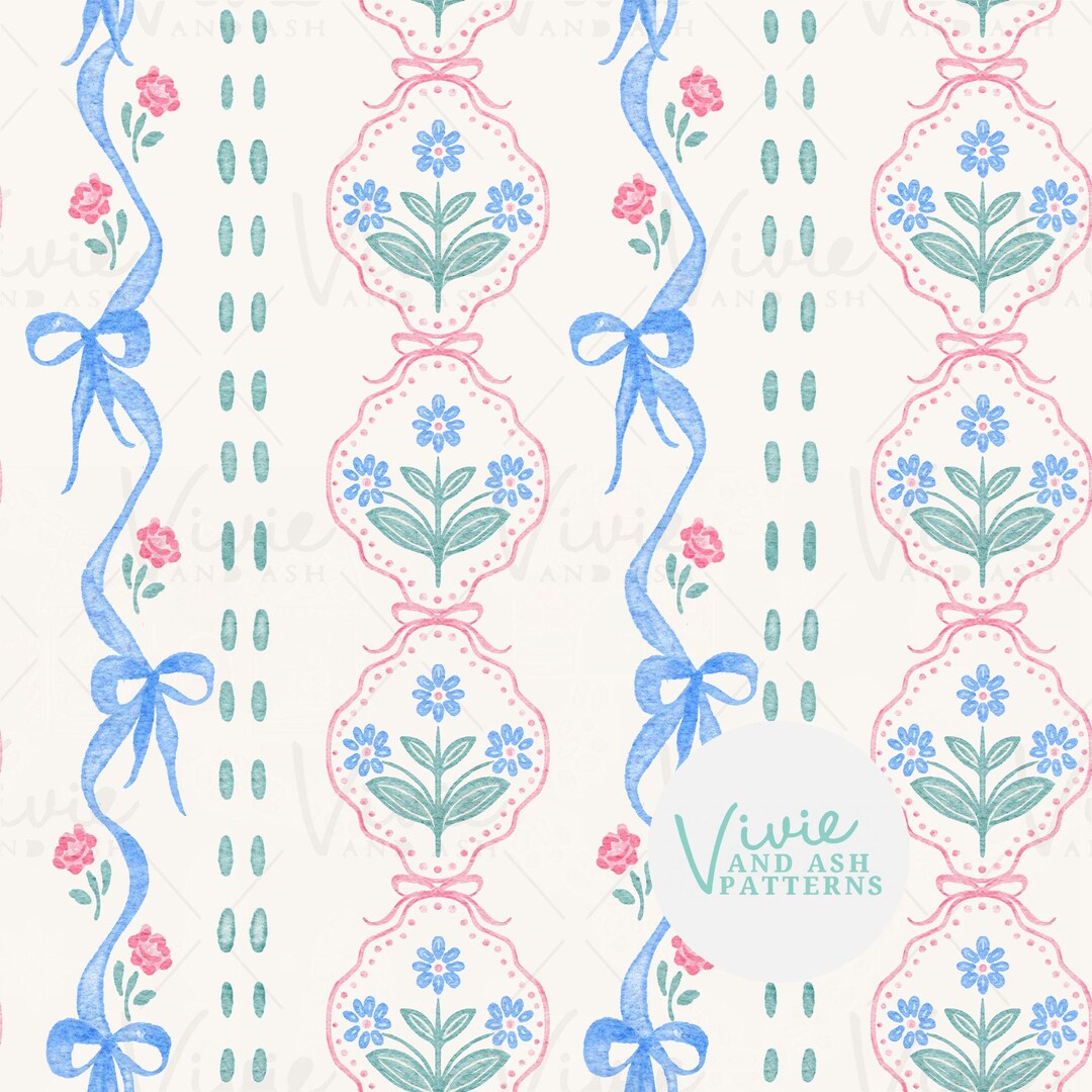 Pink and Blue Floral Stripe Seamless Pattern by Vivieandash (digital ...