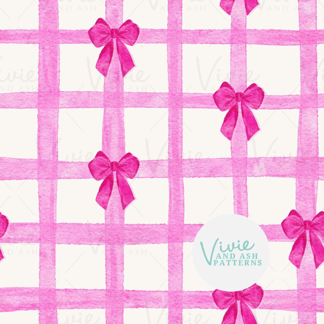 Pink Bow Watercolor Gingham Seamless Repeating Pattern, Valentine Bow ...