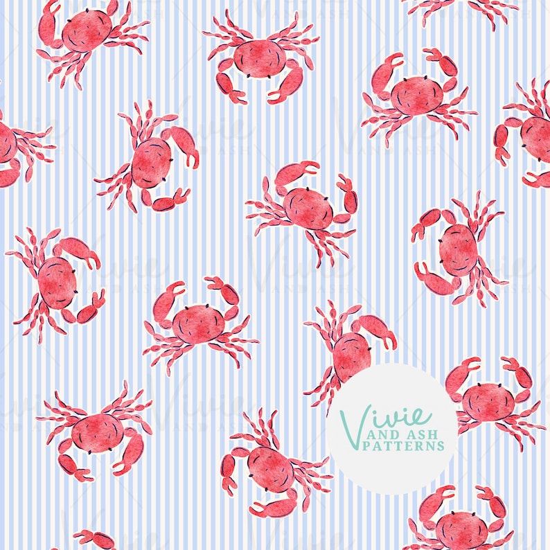 Watercolor Crab Seersucker Stripe Seamless Pattern by Vivieandash ...