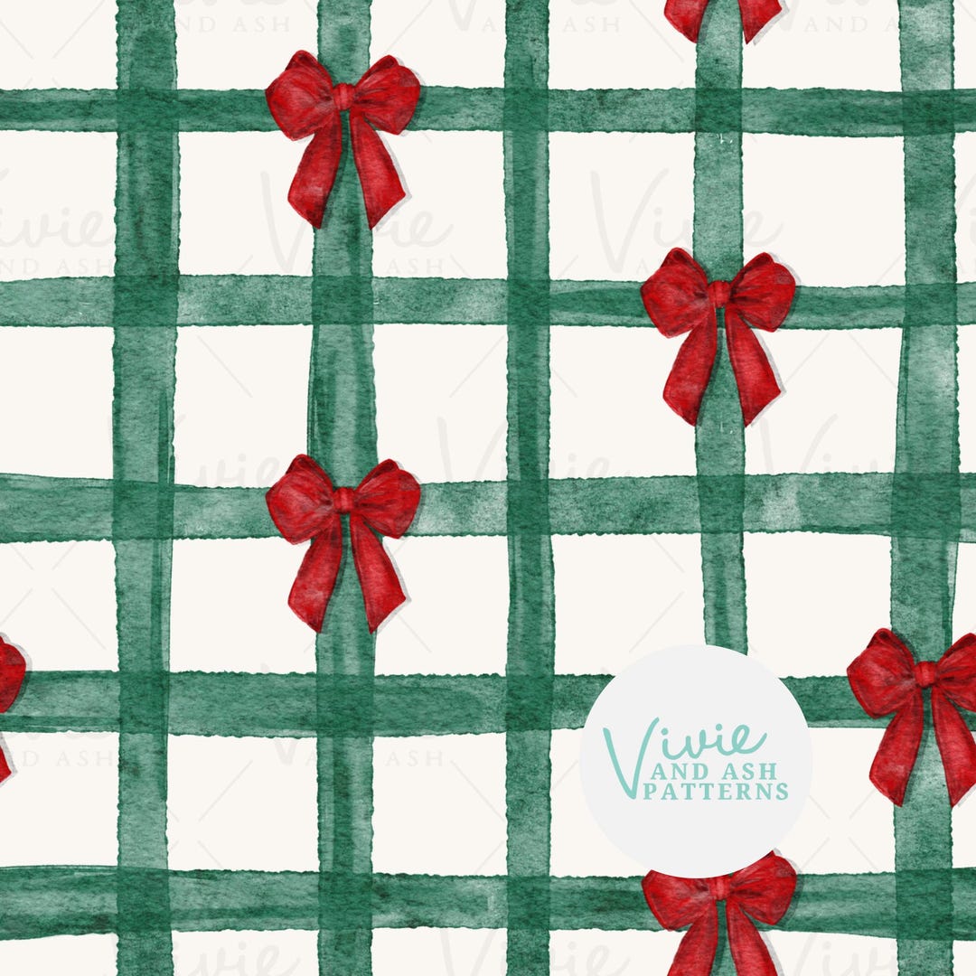 Green Christmas Watercolor Gingham With Red Bows Seamless Pattern ...