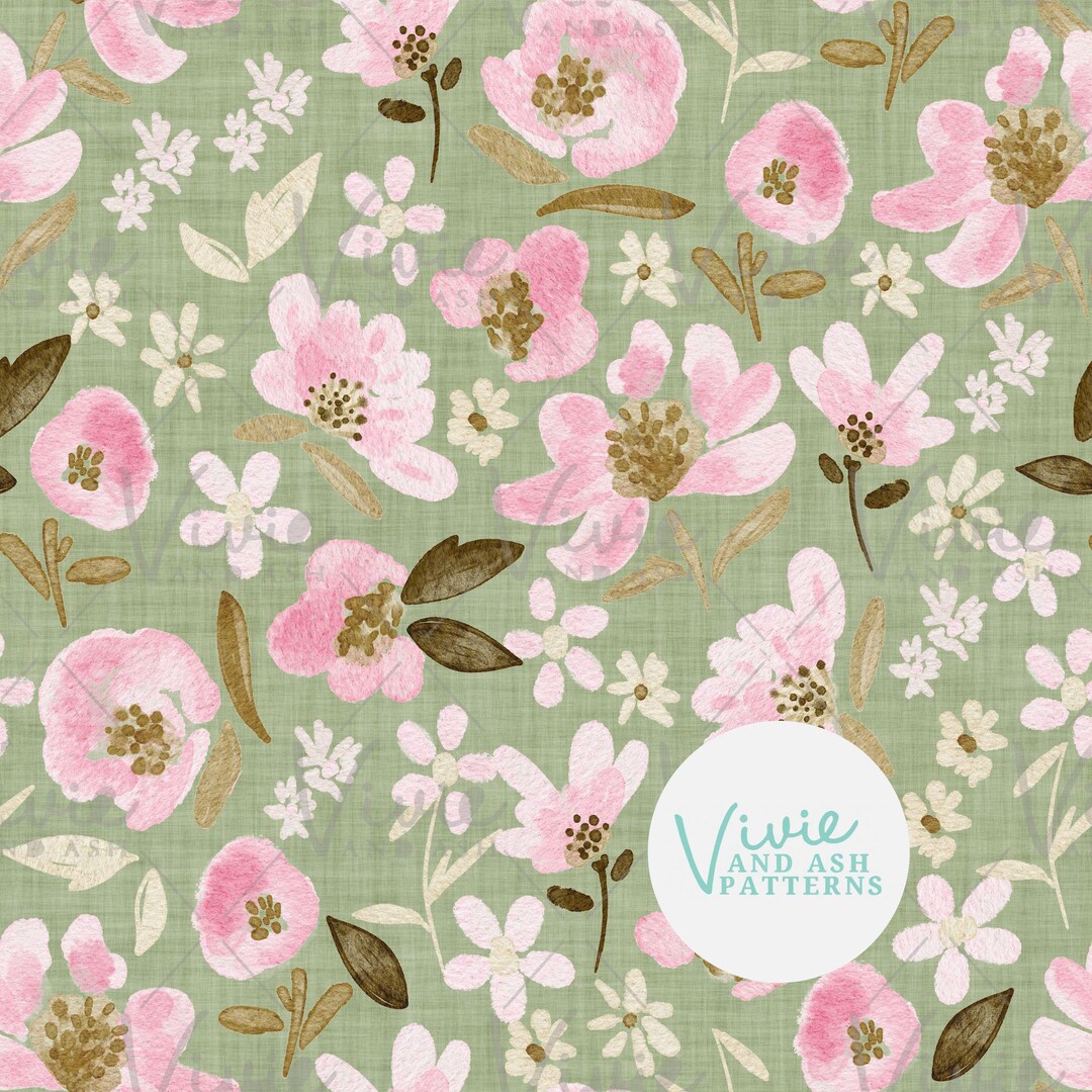 Sage Green and Pink Watercolor Floral Seamless Repeating Pattern, Pink ...