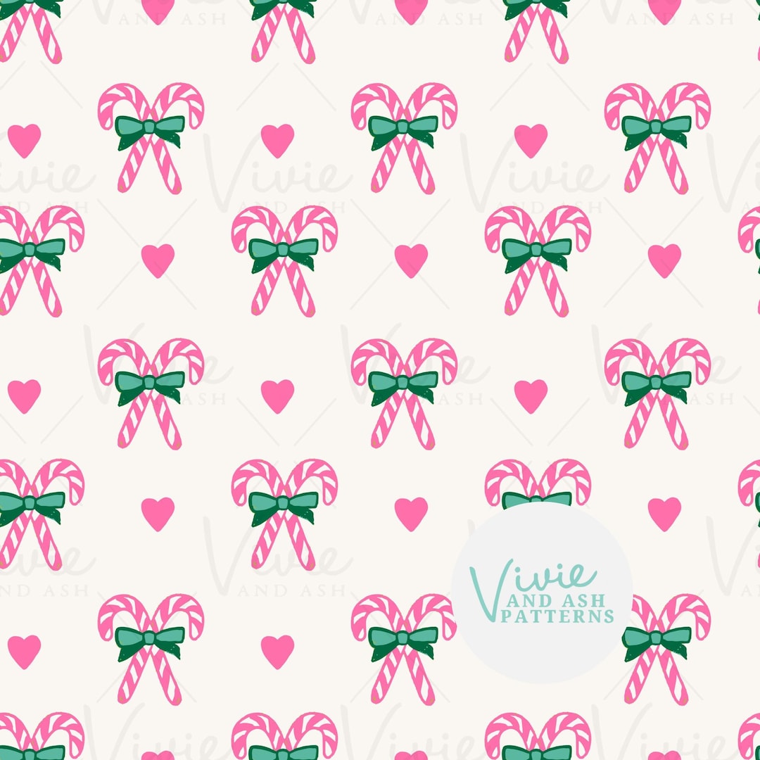 Candy Canes and Hearts Seamless Pattern, Pink and Green Seamless Repeat ...