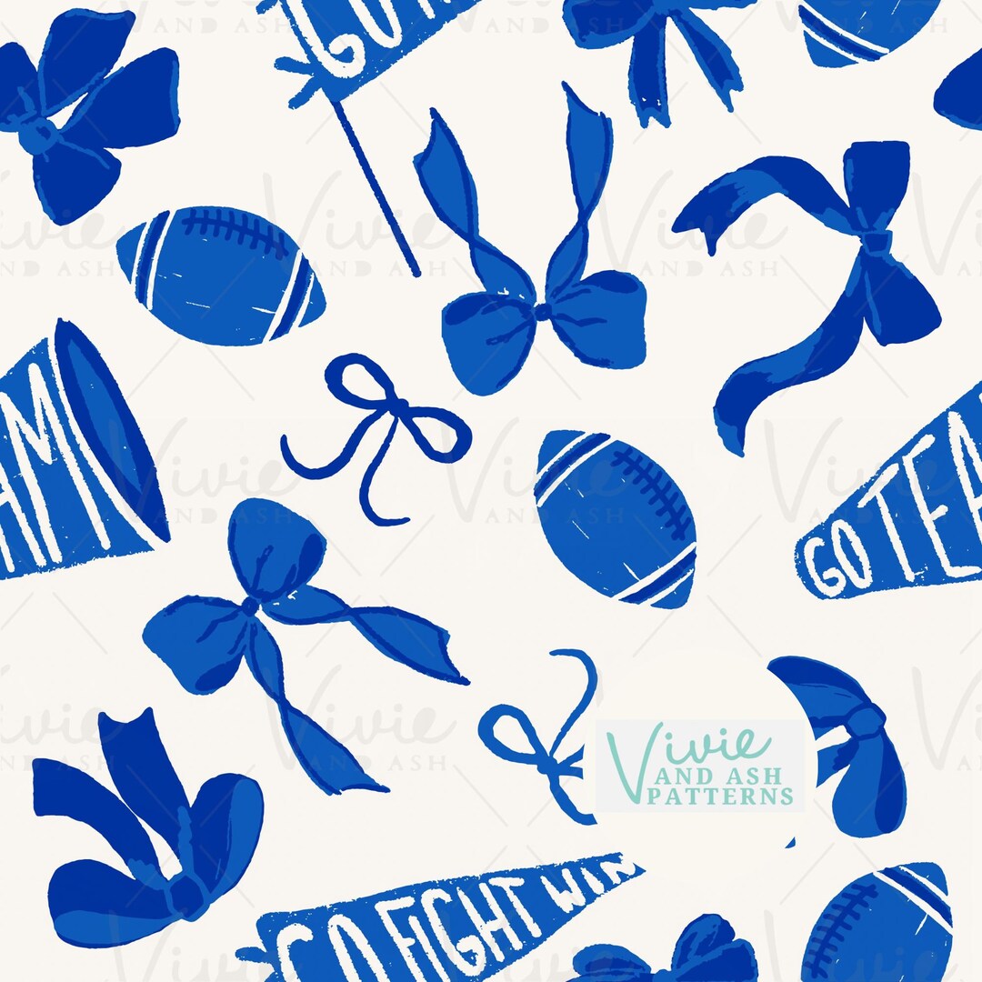 Blue and White Football Seamless Repeating Pattern, Bows and Football ...