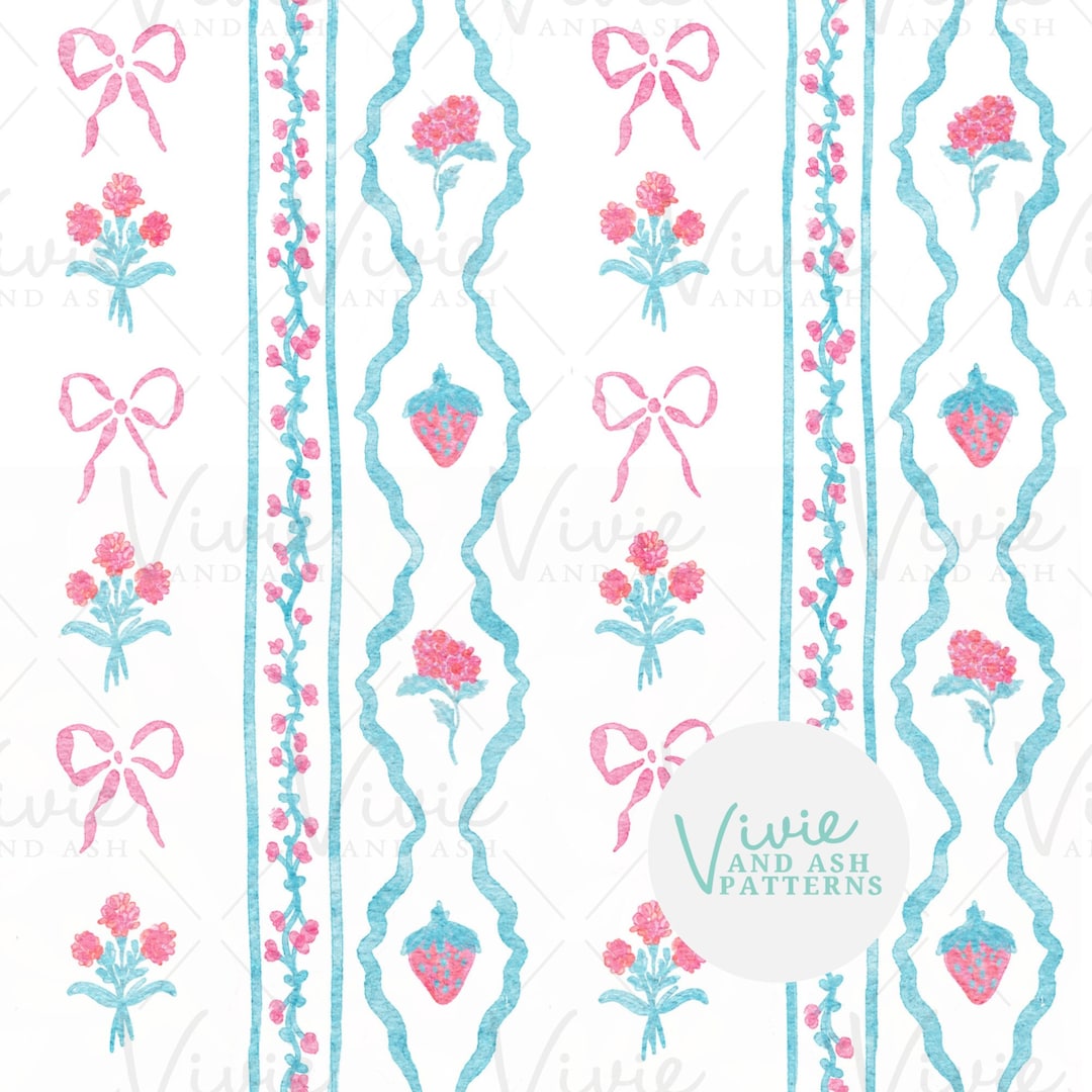 Strawberry Floral Stripe Seamless Repeating Pattern, Bow and Strawberry ...