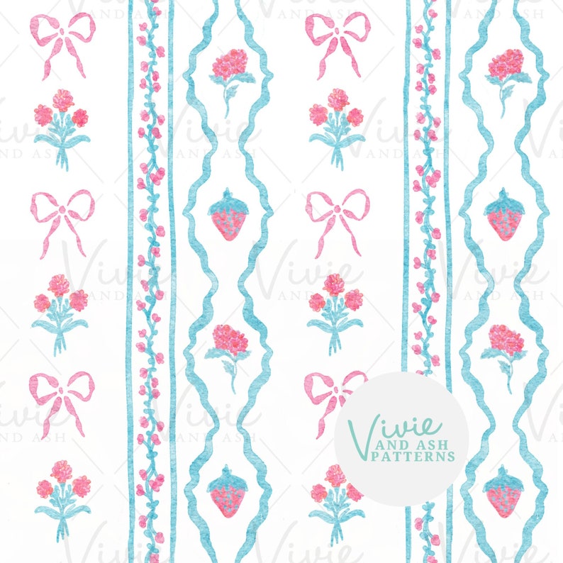 Strawberry Floral Stripe Seamless Repeating Pattern, Bow and Strawberry ...