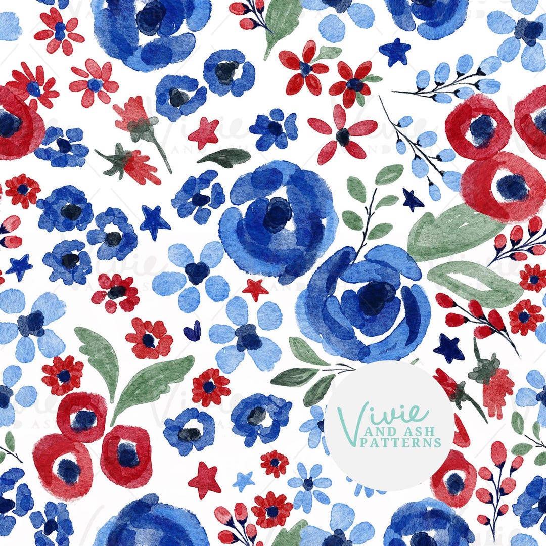 Red White and Blue Watercolor Floral Seamless Repeating Pattern, 4th of ...
