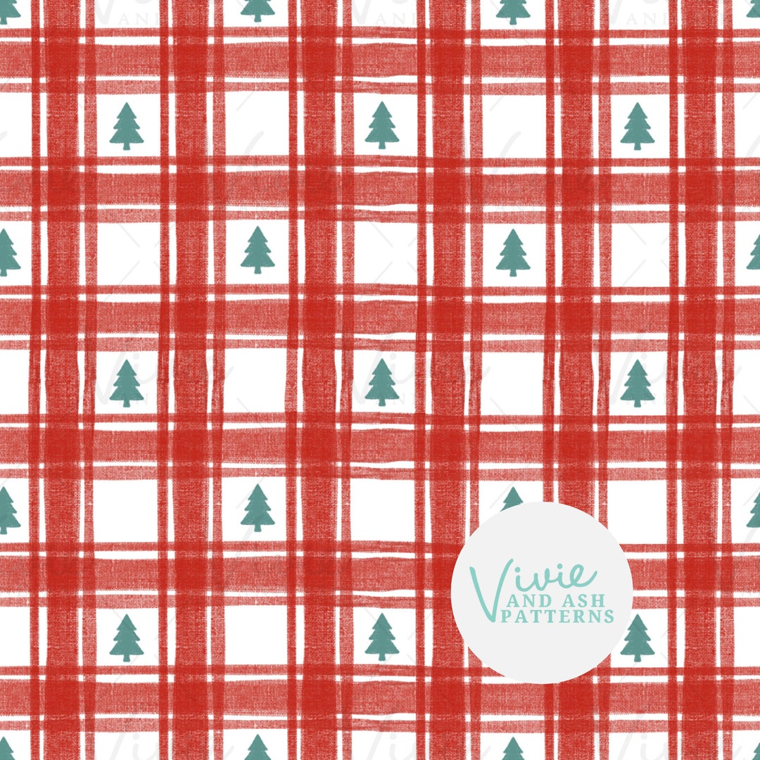 Red Gingham Christmas Tree Seamless Pattern, Green Christmas Seamless ...