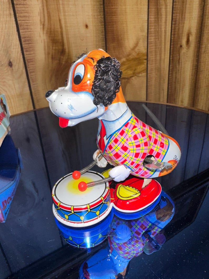 Mechanical Doggie Drummer Tin Wind-up Toy Dog W/box MIKINI Japan 1960's ...