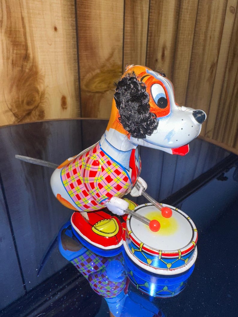 Mechanical Doggie Drummer Tin Wind-up Toy Dog W/box MIKINI Japan 1960's ...