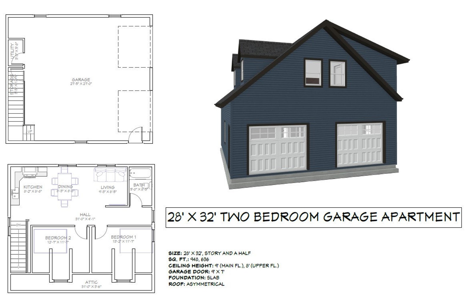 28' X 32' Two Bedroom Garage Apartment PDF - Etsy