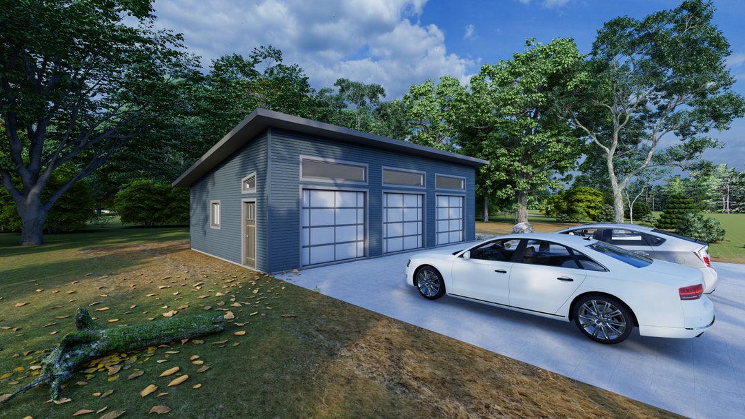 39' X 24' Shed Style Three Car Garage - PDF Architectural Plan With ...