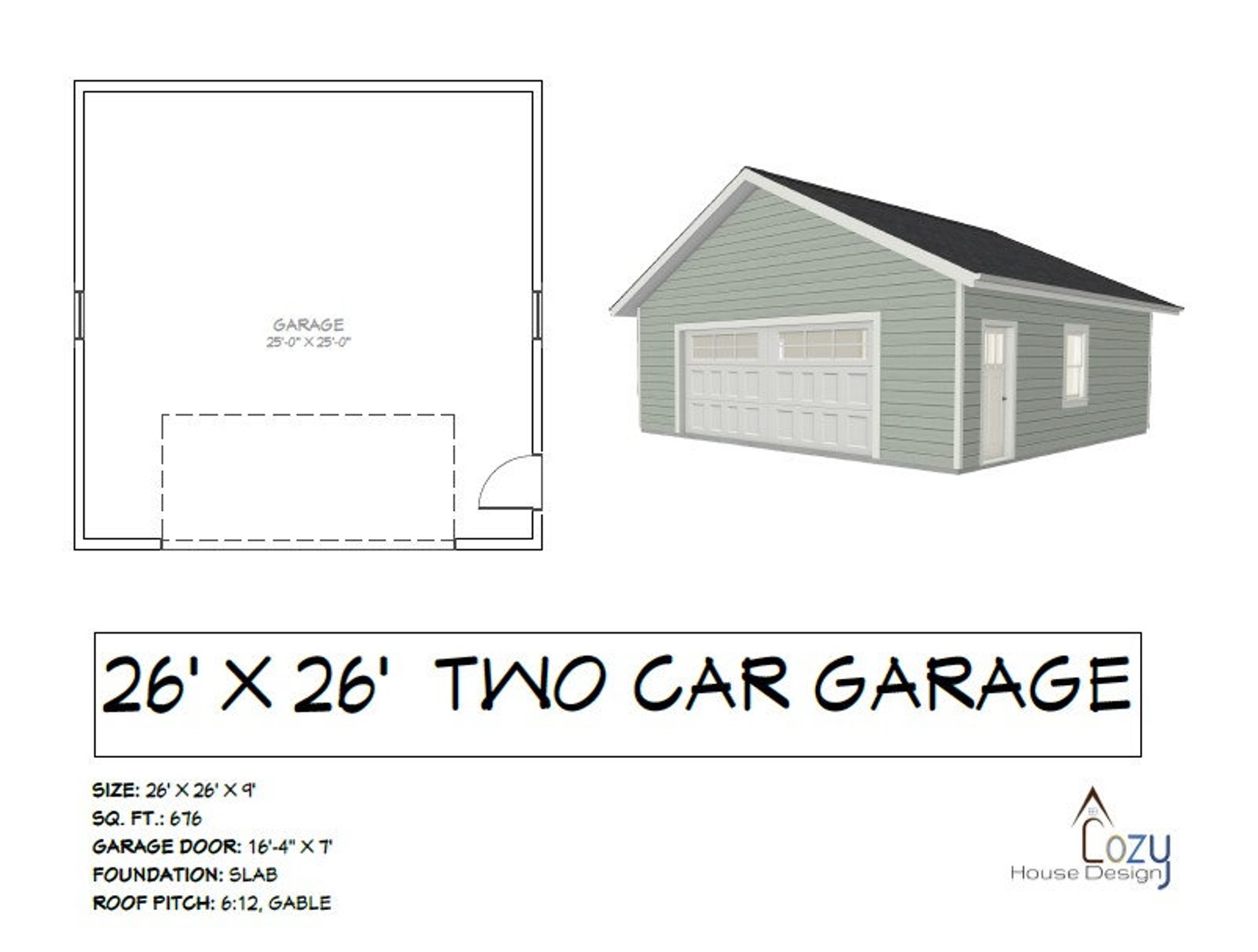 26' X 26' Two Car Garage - PDF Architectural Plan With Materials List ...