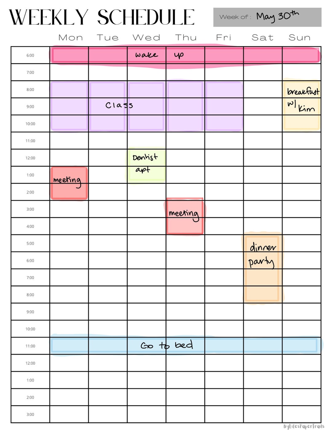Weekly Schedule Hour by Hour Daily Planner 24 Hour Planner Printable ...