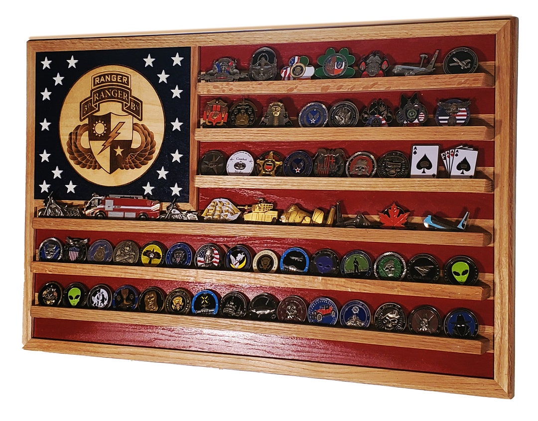 75th Rangers Challenge Coin Display: Oak Hardwood Flag, Holds 80 Coins ...