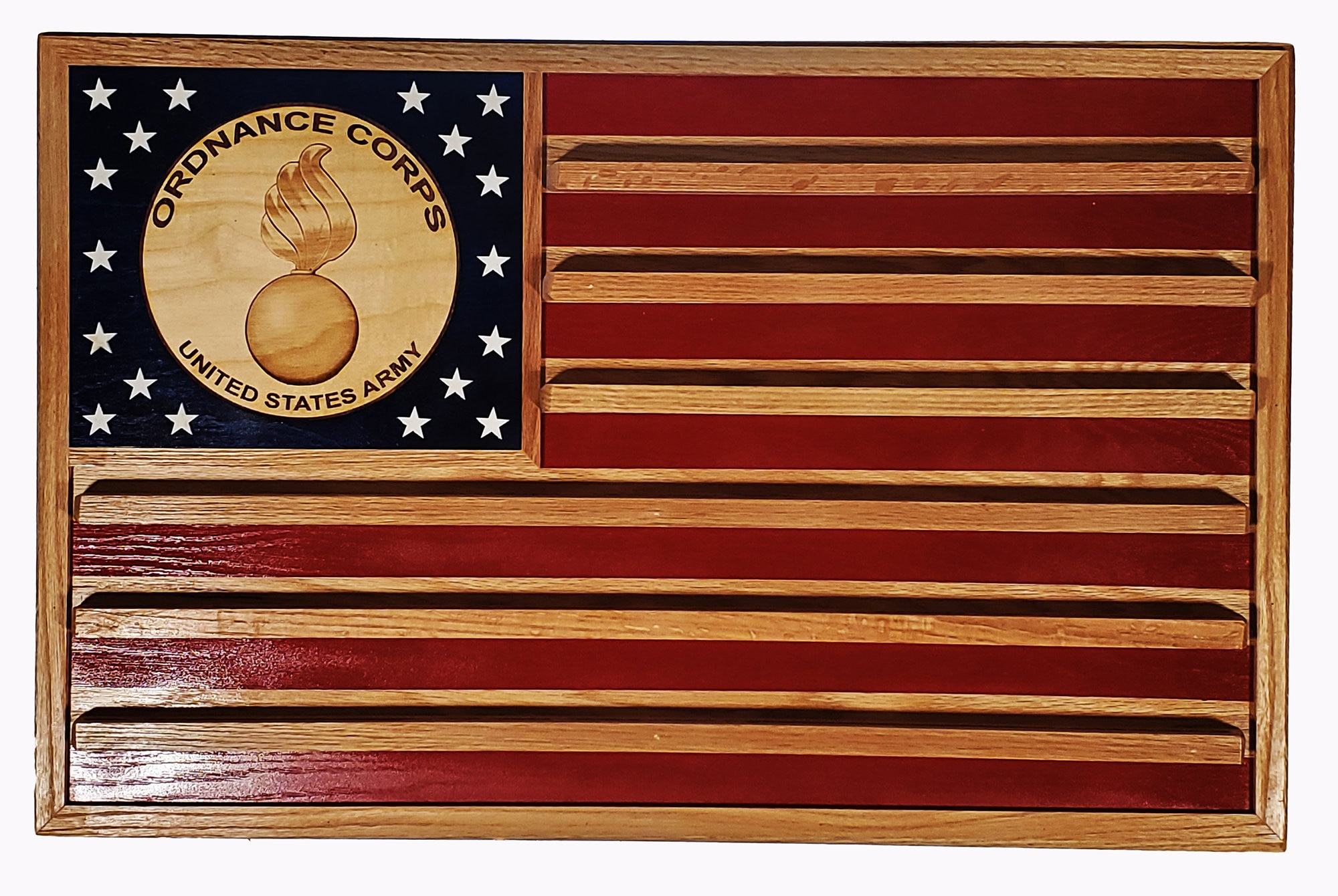 US Army Ordnance Hardwood Oak Challenge Coin Display Flag 36x24 Holds ...